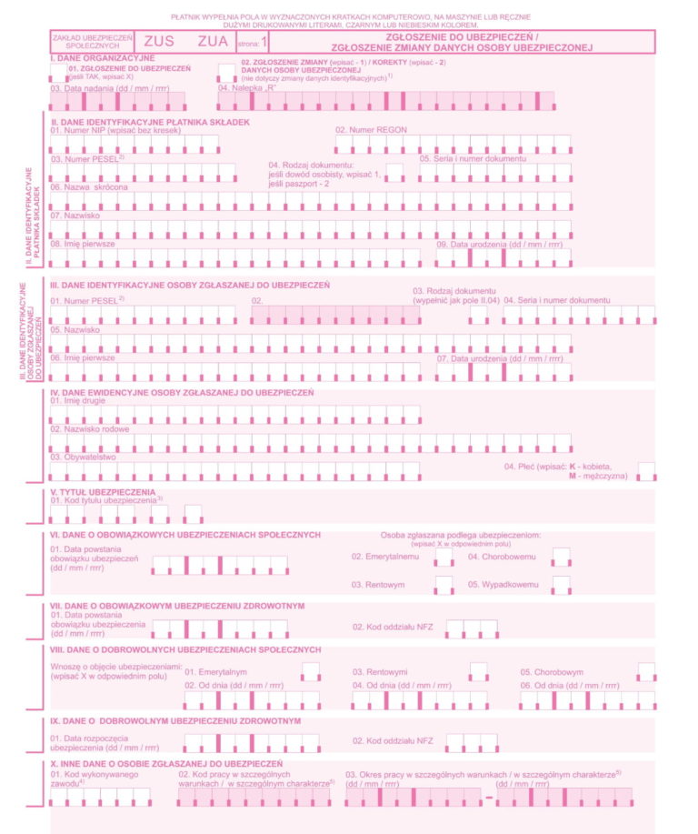 Formularz ZUS ZUA, druk online do pobrania
