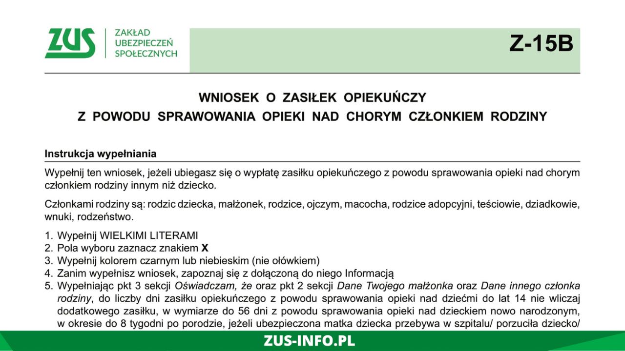 Formularz ZUS Z 15B Wniosek O Zasi ek Przy Sprawowaniu Opieki