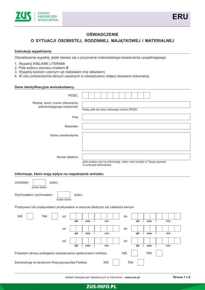 Formularz ZUS ERU, Oświadczenie o sytuacji rodzinnej ERU ZUS