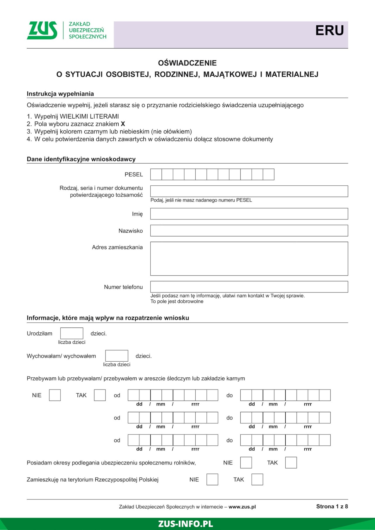 Formularz ZUS ERU, Oświadczenie o sytuacji rodzinnej ERU ZUS