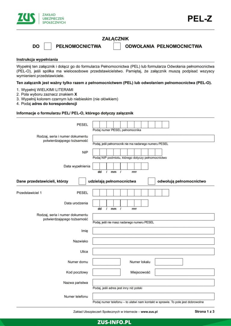 Załącznik ZUS PEL-Z, Załącznik do pełnomocnictwa ZUS