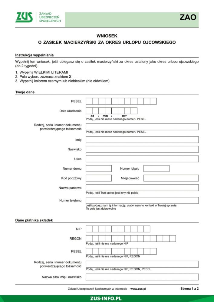 Wniosek ZUS ZAO, wniosek o zasiłek za okres urlopu ojcowskiego