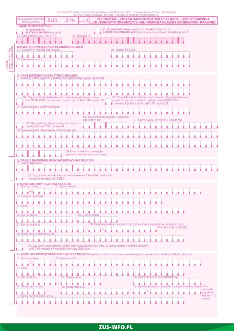 Formularz ZUS ZPA, zgłoszenie / zmiana danych płatnika składek
