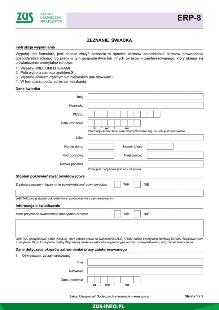 Zeznanie świadka ZUS ERP-8, wzór wypełnionego ERP-8
