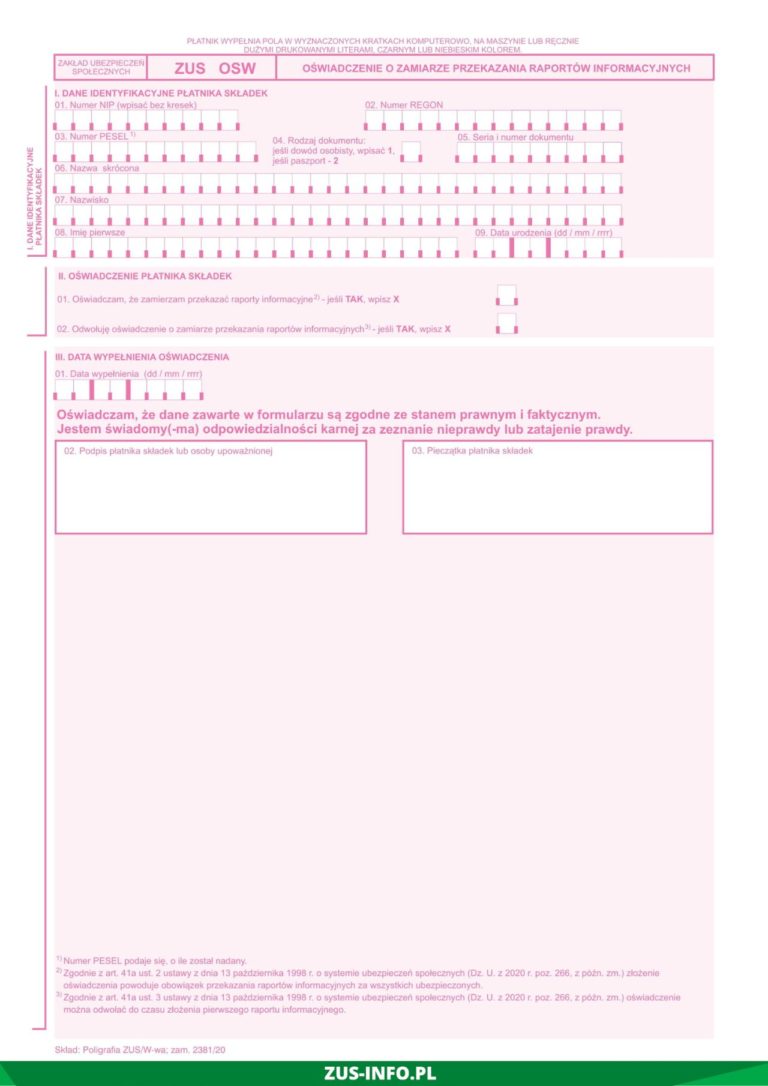 Formularz ZUS OSW, aktualne oświadczenie OSW przez Internet