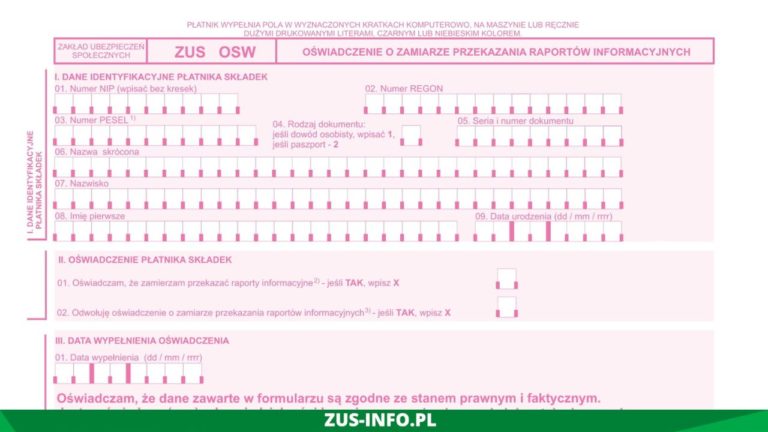 Formularz ZUS OSW, aktualne oświadczenie OSW przez Internet