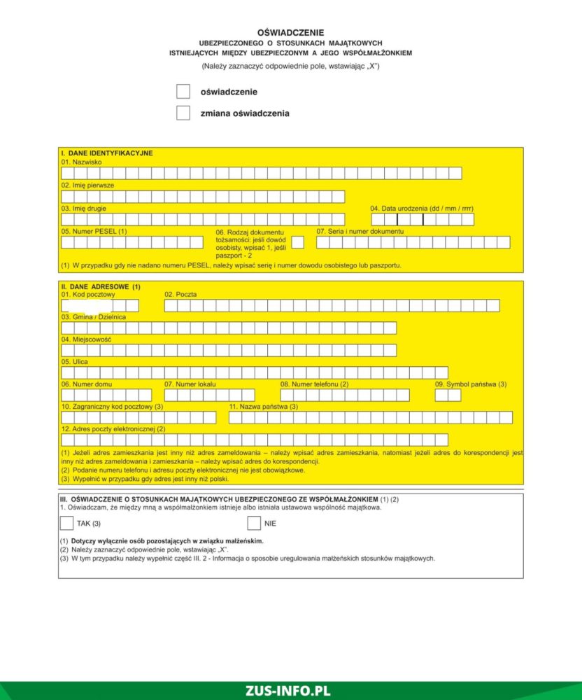 Oświadczenie ZUS-US-OPW-01 o stosunkach majątkowych