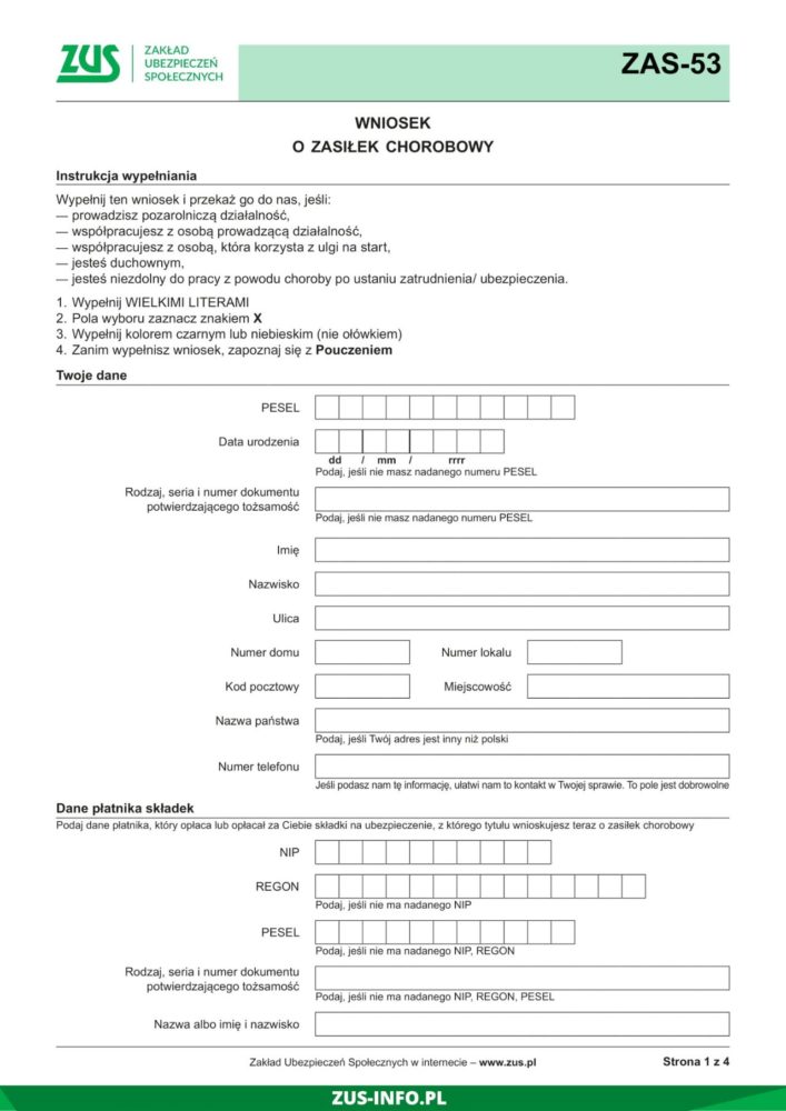 Formularz ZUS ZAS-53, wniosek o zasiłek chorobowy ZUS