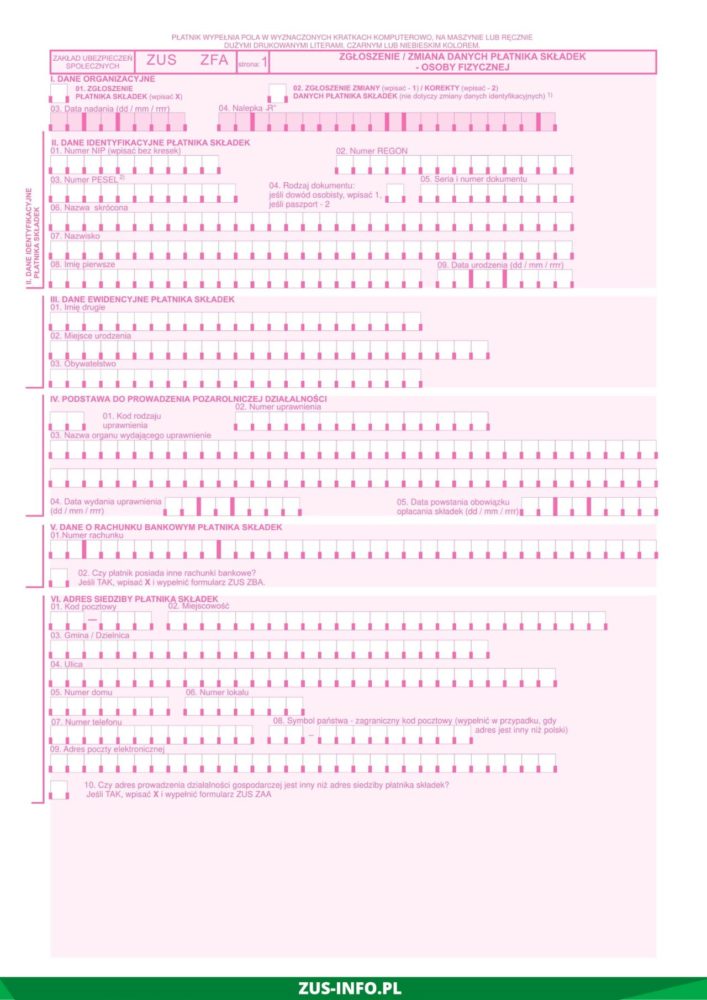 Formularz ZUS ZFA, zgłoszenie / zmiana danych płatnika składek