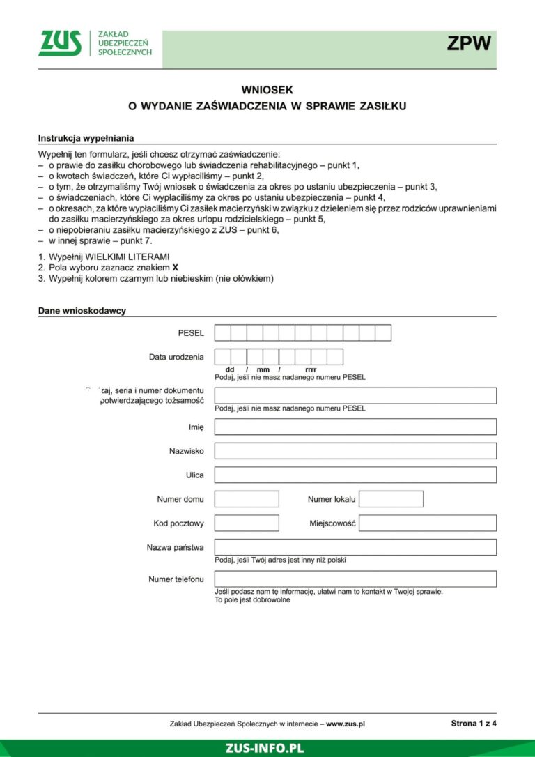 Wniosek ZUS ZPW, druk ZPW PUE ZUS elektronicznie