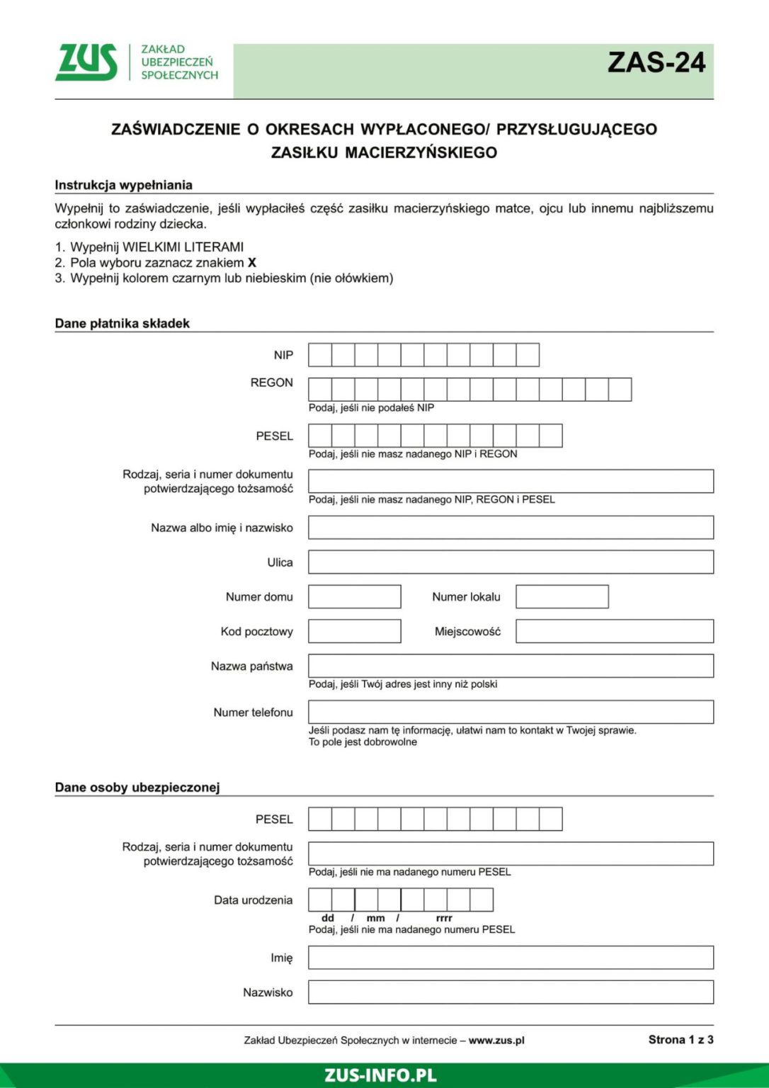 Formularz ZUS ZAS-24, zaświadczenie o okresach zasiłku
