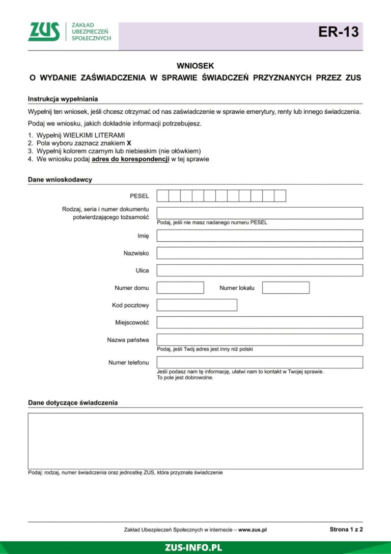Aktualny wniosek ZUS ER-13, wzór formularza do pobrania online