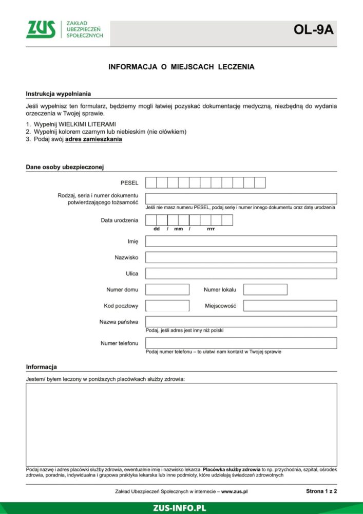 Informacja OL-9a ZUS, Informacja o miejscach leczenia OL-9a