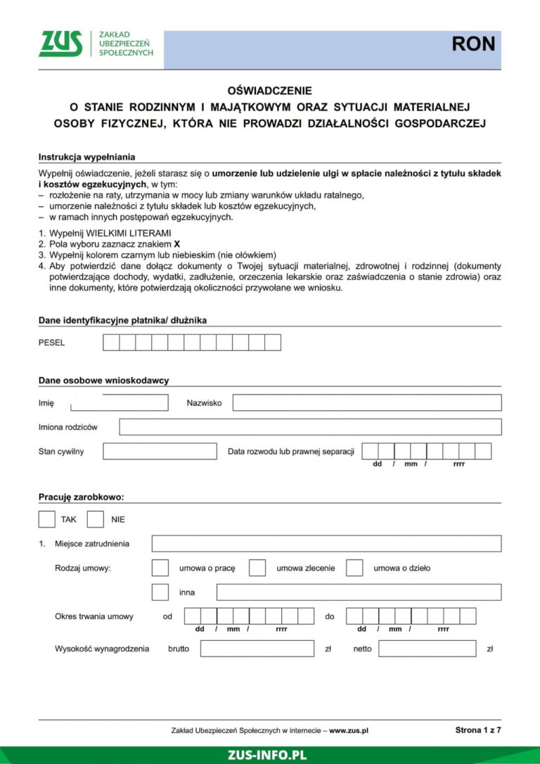 Oświadczenie ZUS RON, formularz RON elektronicznie przez PUE
